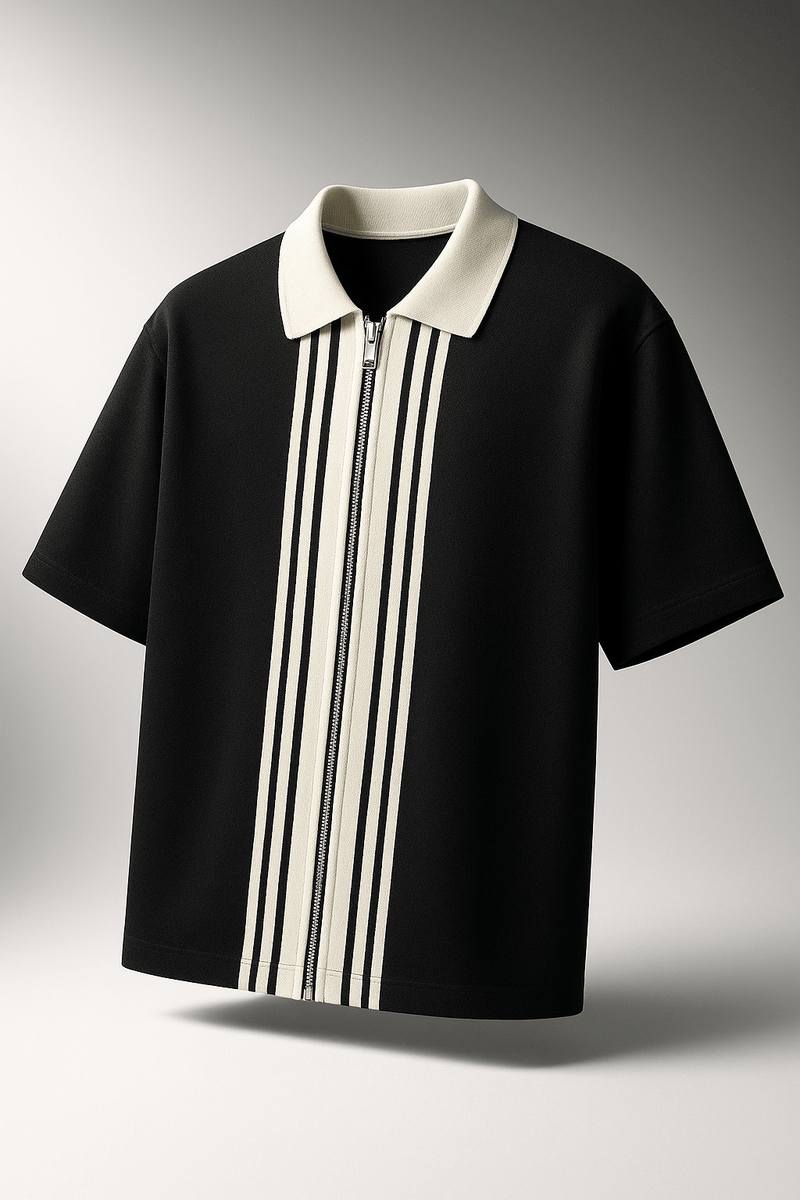 Black Zipper Striped Polo Shirt | Aesthetic Gen
